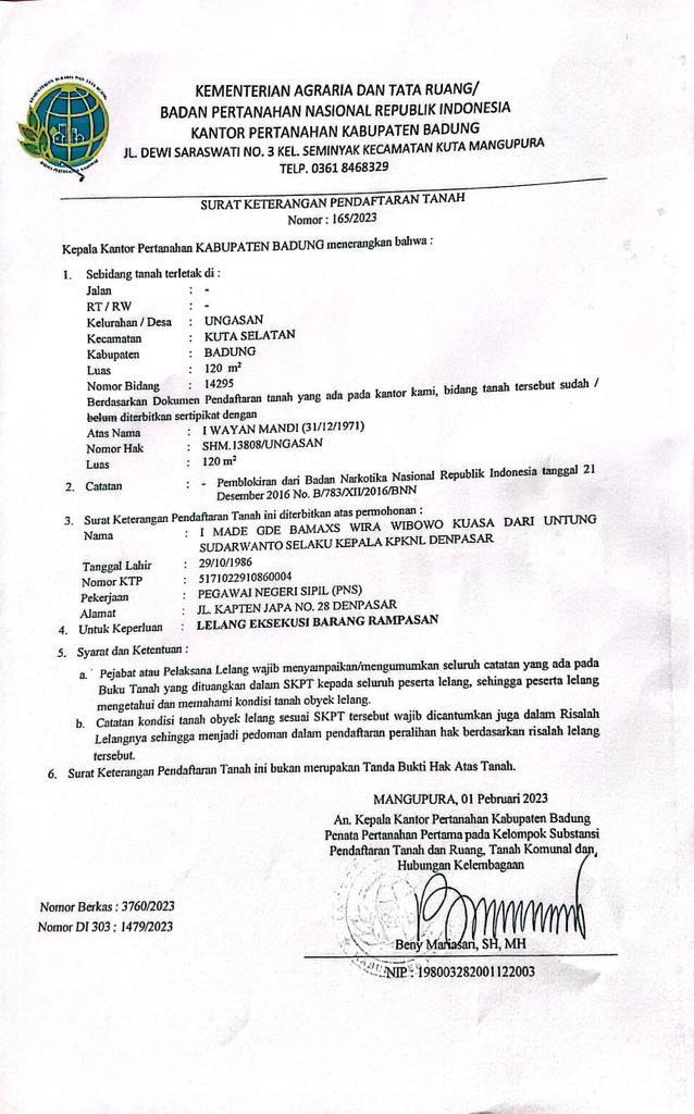 PEMASANGAN SURAT LELANGAN TANAH DARI BADAN PERTANAHAN NASIONAL REPUBLIK ...